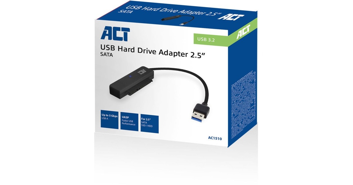 ACT Connectivity USB adapterkabel naar 2,5" SATA HDD/SSD Zwart, USB 3.2 ...