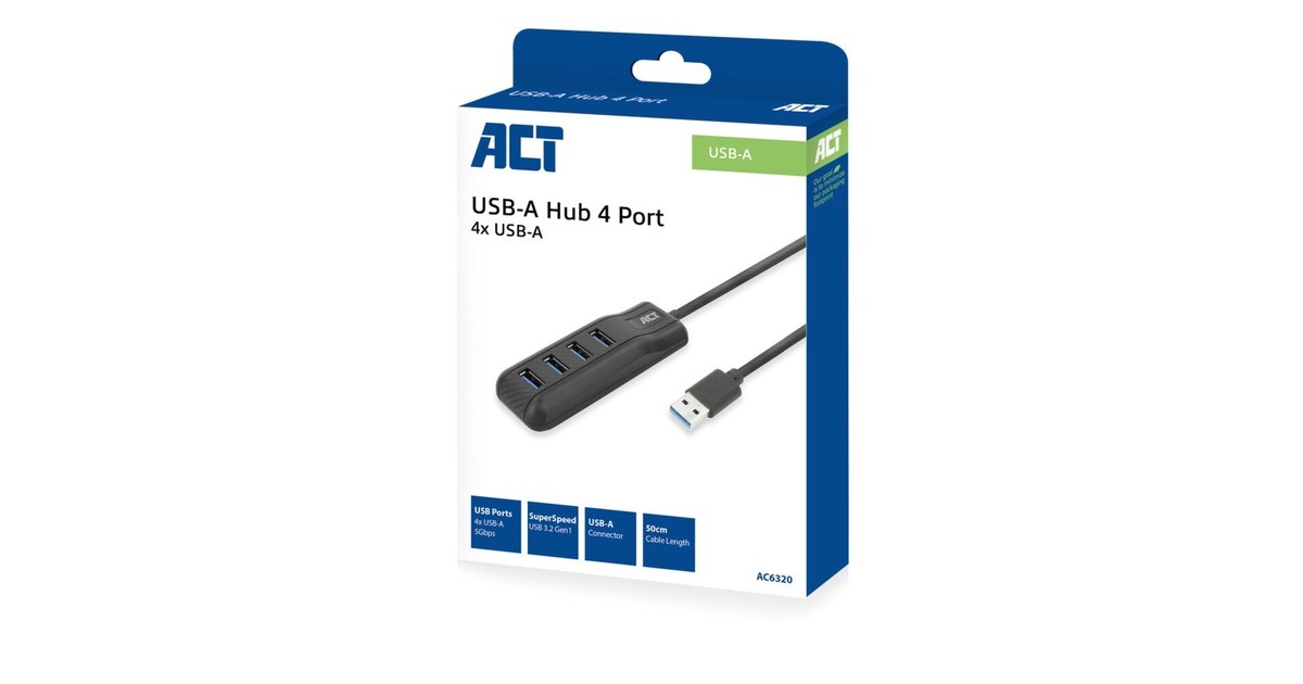 ACT Connectivity USB-A hub 3.0, 4 poorts USB-A usb-hub Zwart