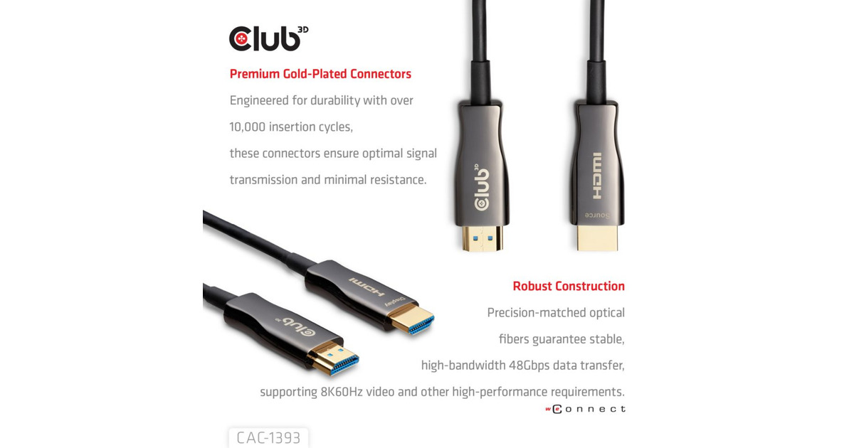 Club 3D HDMI Hybrid AOC kabel 8K60Hz/4K120Hz 50m Zwart