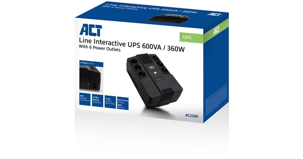 ACT Connectivity Line Interactive UPS 600VA - met 6 geaarde stopcontacten ups Zwart