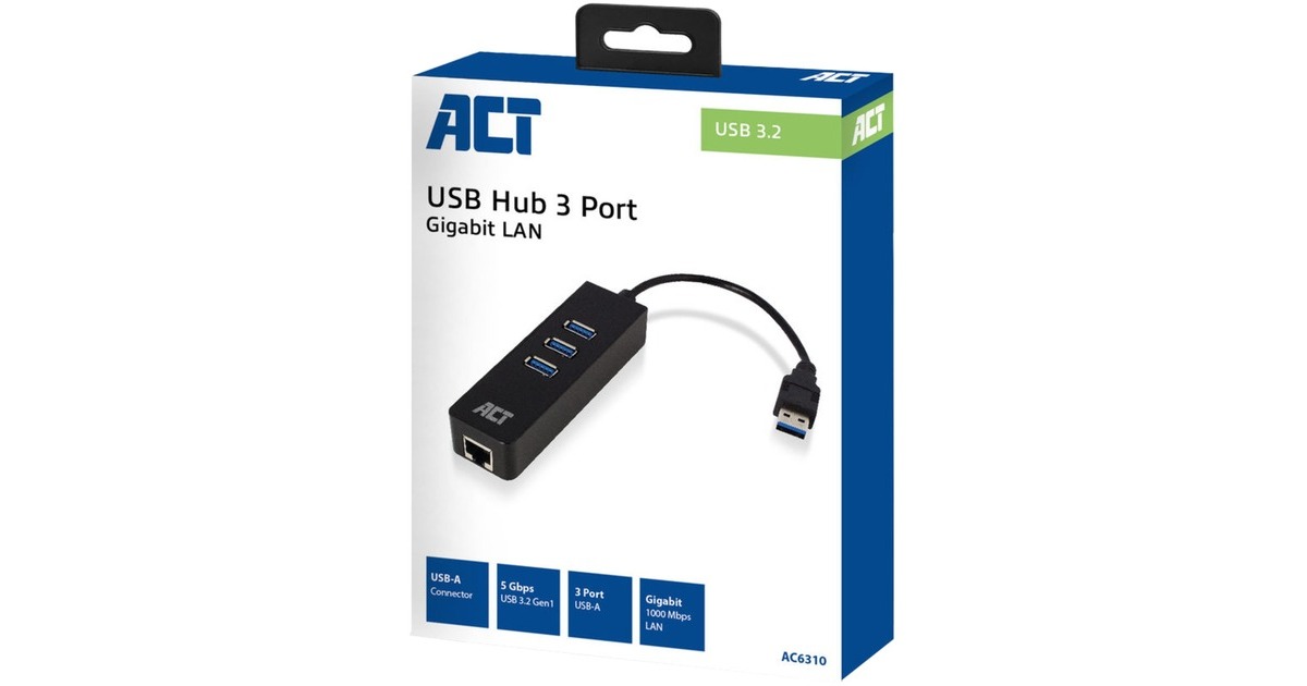 ACT Connectivity AC6310 USB Hub 3.2 met 3 USB-A poorten en ethernet usb ...