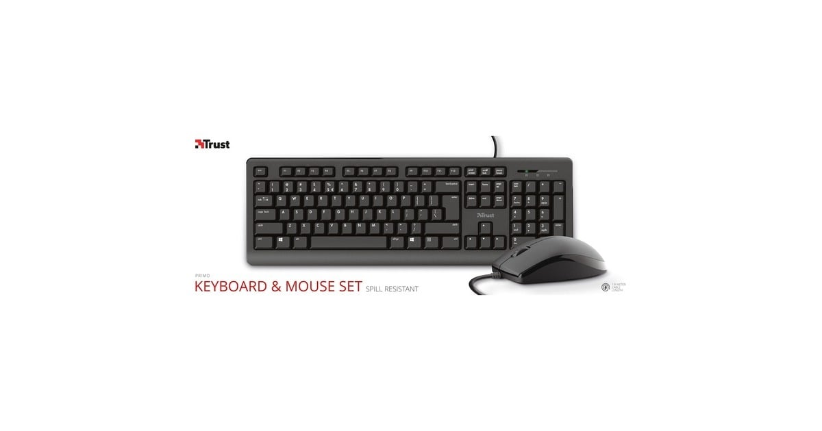 Trust Primo Keyboard & Mouse Set, desktopset Zwart, US lay-out, Membraan
