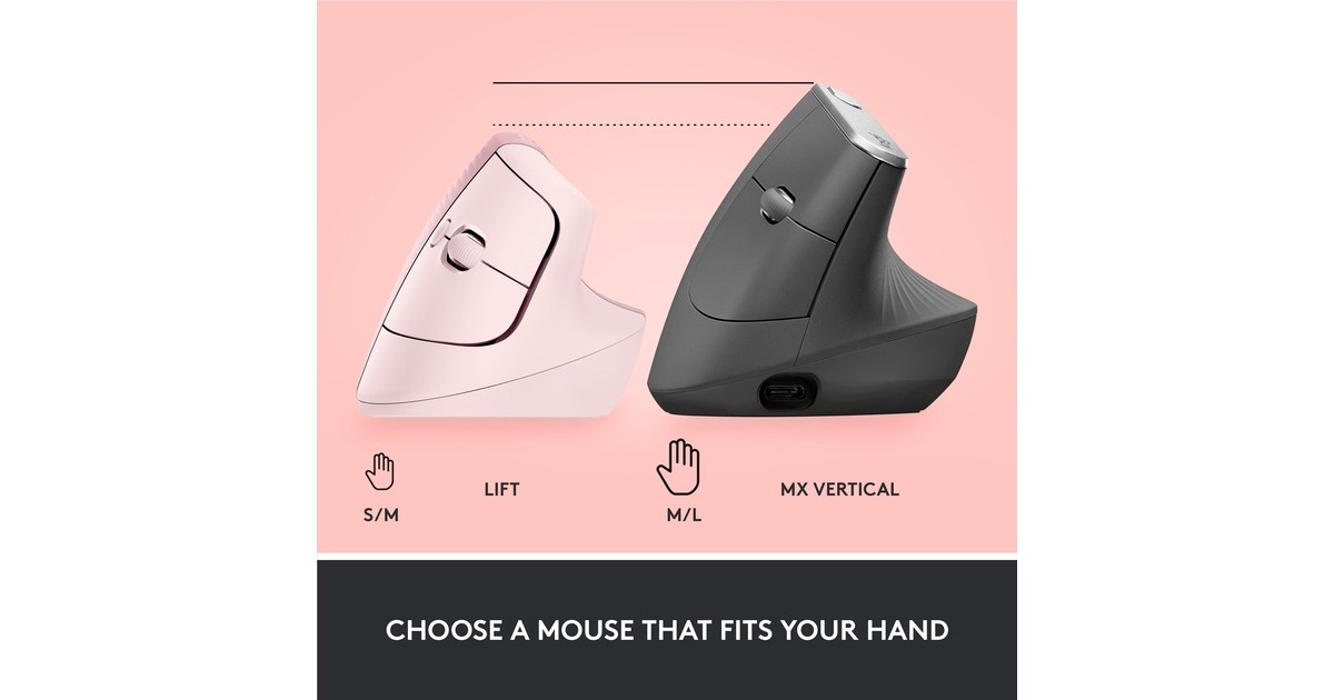 Logitech Lift Vertical Ergonomische Muis Roze, Bluetooth, 4000 DPI