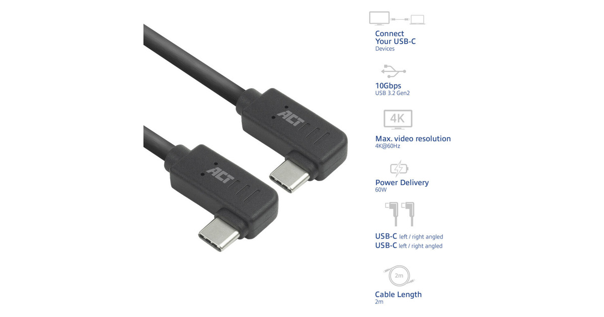 ACT Connectivity USB 3.2 USB-C (links/rechts haaks) naar USB-C (links ...
