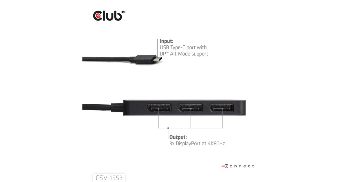 Club 3D USB-C naar Triple DisplayPort MST Hub Zwart, 4K60Hz
