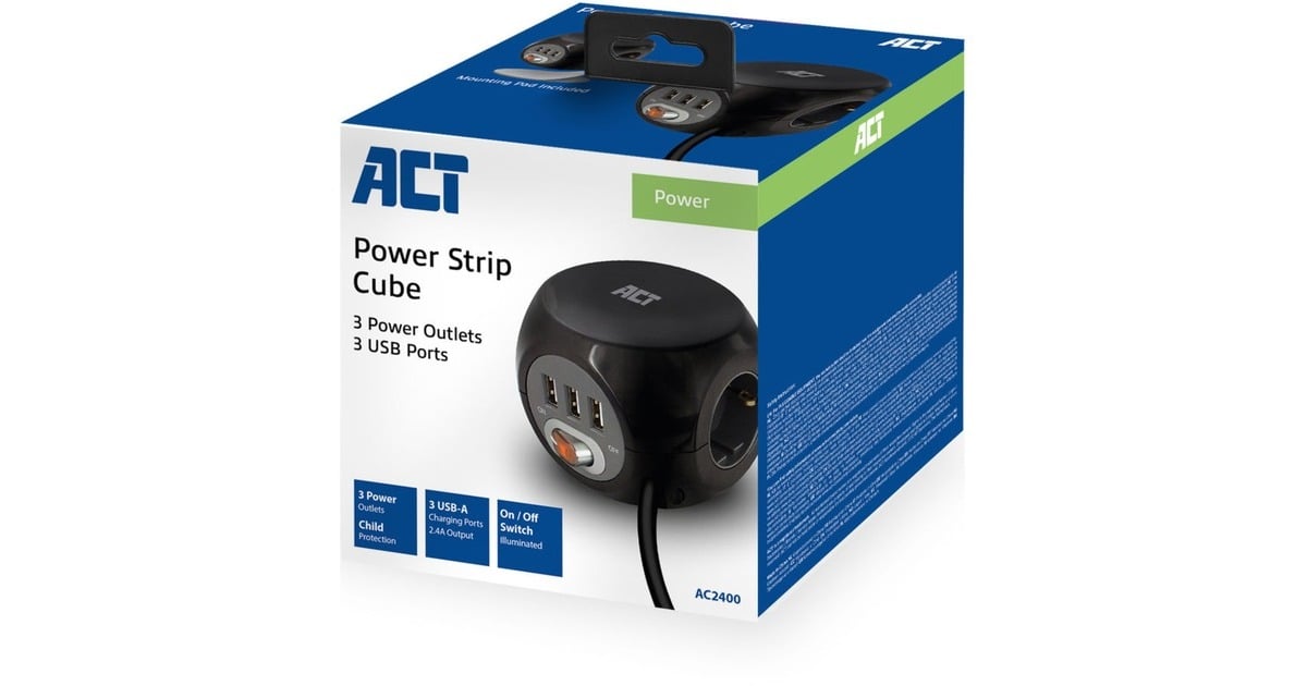 ACT Connectivity Stekkerdoos cube met 3 stopcontacten, USB-A-poorten, 1,5m stekkerdoos Zwart