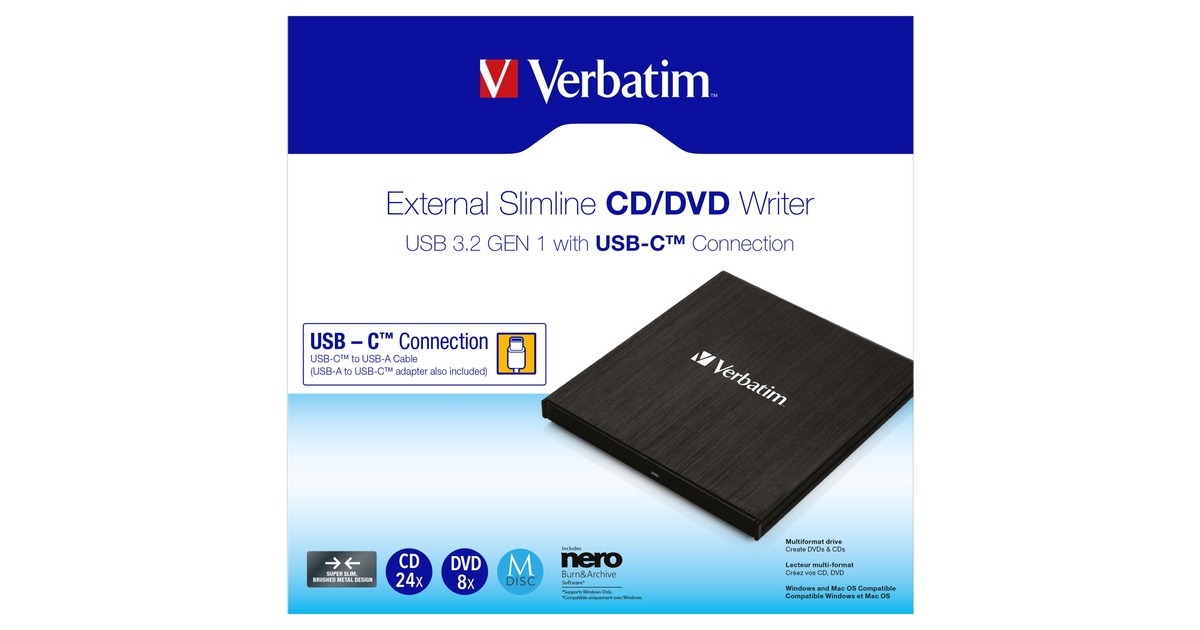 Verbatim Externe slimline CD-DVD brander externe dvd-brander USB-C