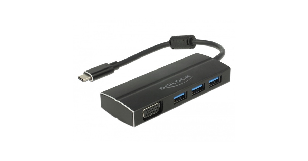 DeLOCK USB-C 3.1 > 3x USB-A 3.0 Hub + 1x VGA usb-hub Zwart, 0,15 meter