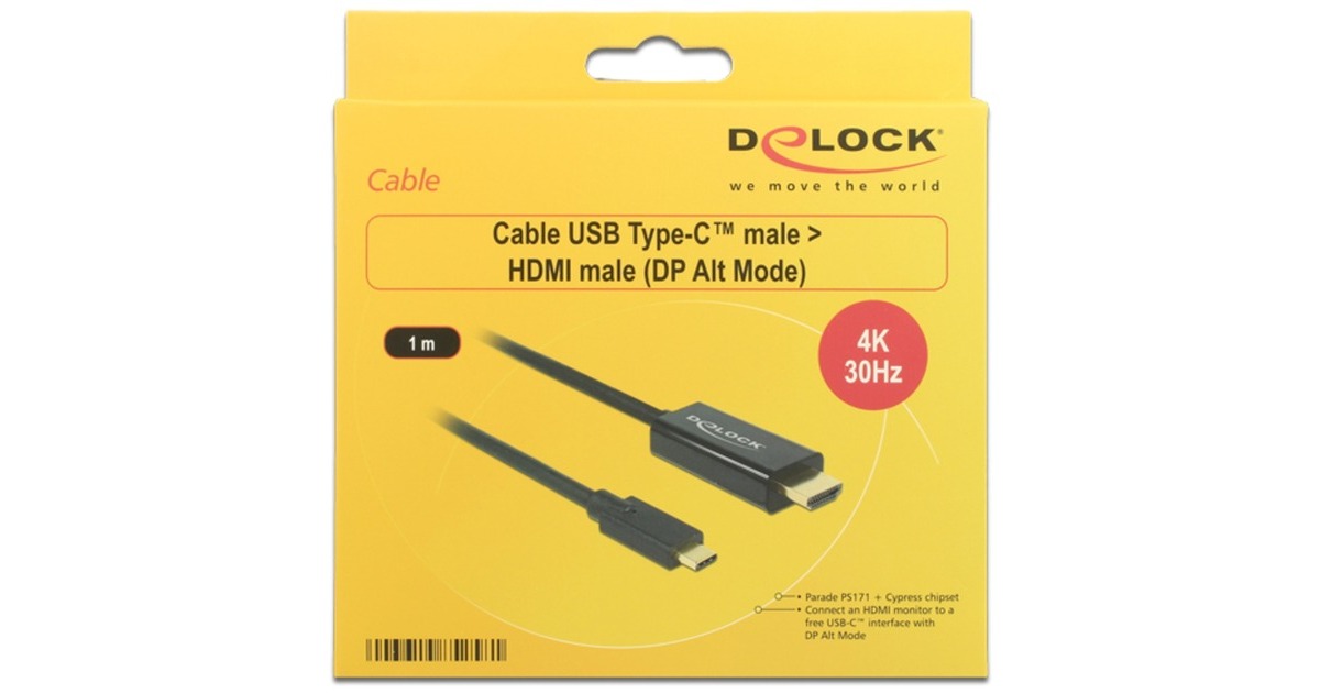 DeLOCK USB-C (male) > HDMI (male) (DP Alt Mode) kabel Zwart, 1 meter ... DeLOCK USB-C (male) > HDMI (male) (DP Alt Mode) kabel Zwart, 1 meter ...