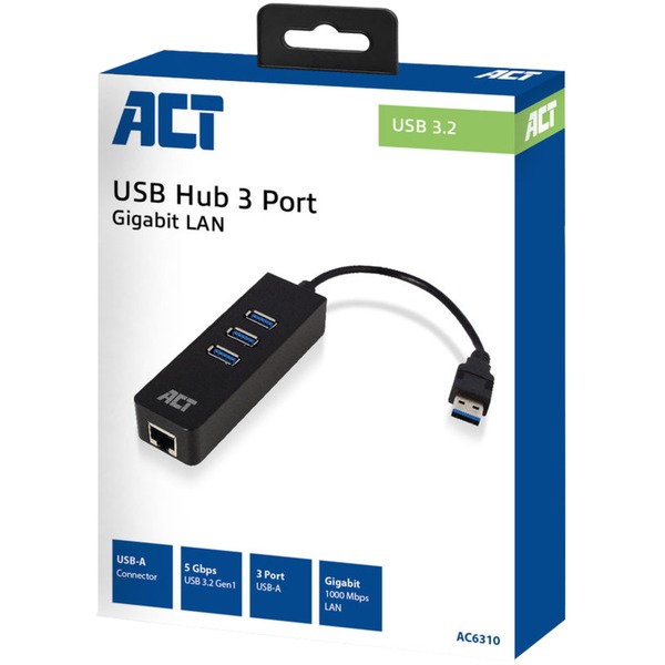 ACT Connectivity AC6310 USB Hub 3.2 met 3 USB-A poorten en ethernet usb ...