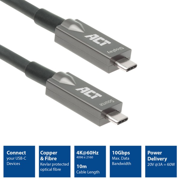 ACT Connectivity USB 3.2 Gen2 kabel, USB-C naar USB-C Zwart, 10 meter, PD ondersteuning tot 60 watt