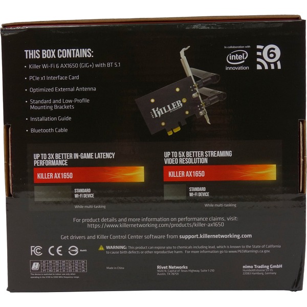 Rivet Networks Killer Wi-Fi 6 AX1650 wlan adapter Zwart, Bluetooth 5.1