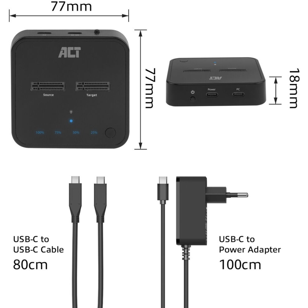 ACT Connectivity M.2 NVMe/PCIe dual SSD docking clone station, USB-C 3.2 Gen2 dockingstation Zwart